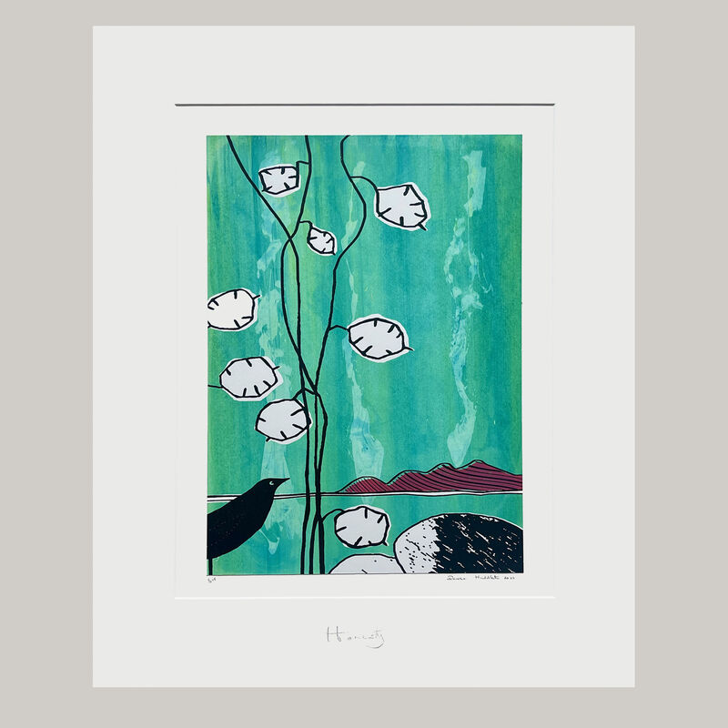 Honesty - HANDMADE SILKSCREEN PRINT IN AQUA - CUCKOO TREE ART STUDIO