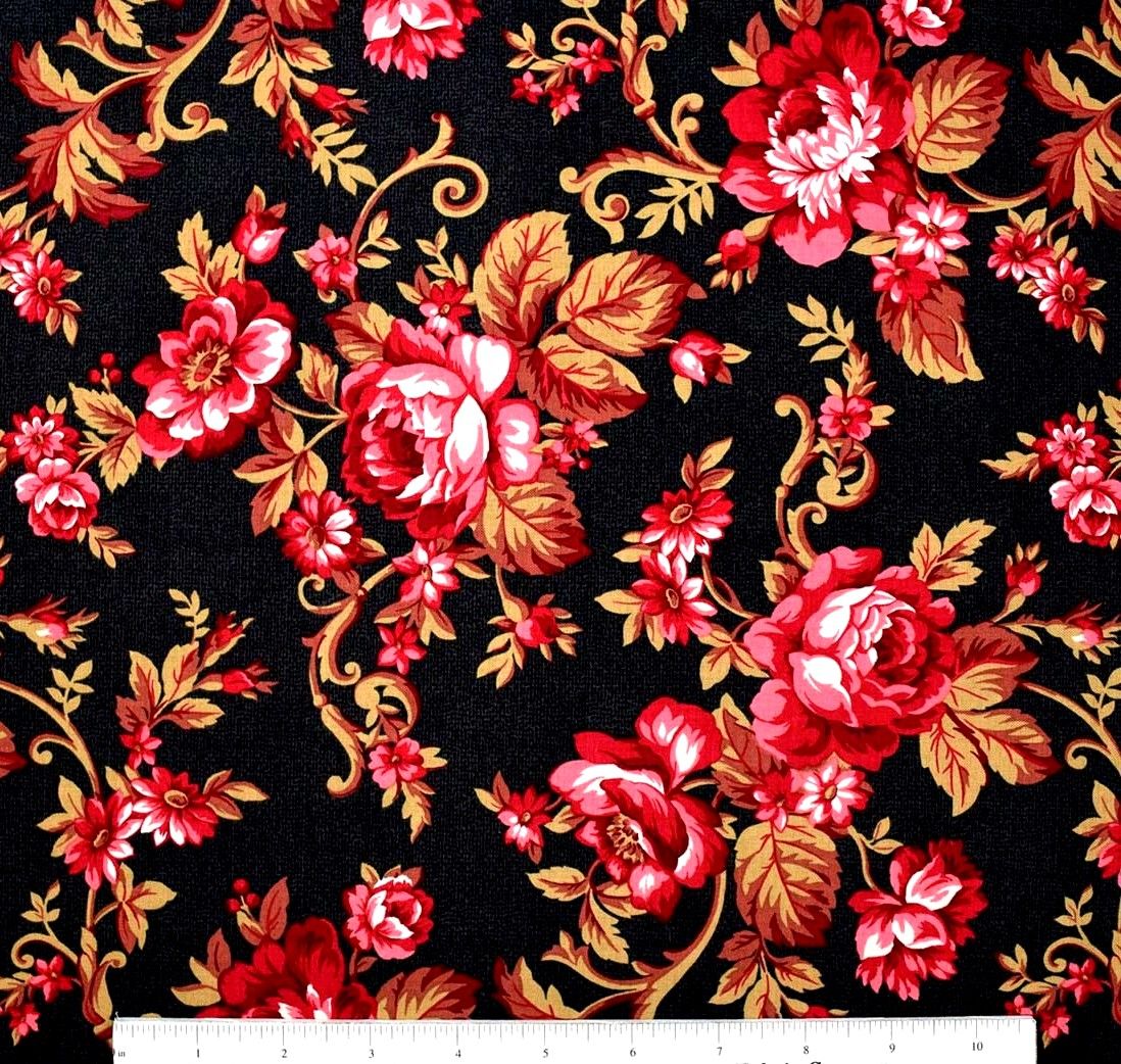 Cotton Quilt Fabric CLASSIC ELEGANCE LARGE TOSS FLORAL BLACK - AUNTIE ...