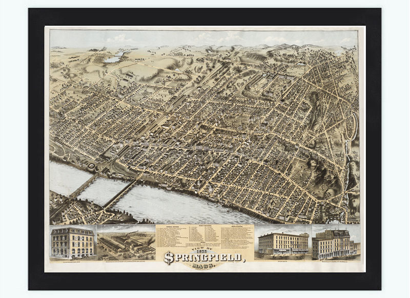 Springfield Birds Eye View Massachusetts 1875 Vintage Map - VINTAGE ...