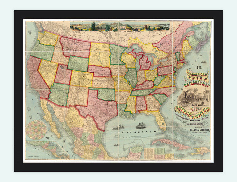 Old Map of United States of America Union Railroad 1871 Vintage Map ...