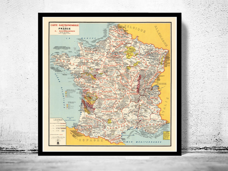 Old Map of France Gastronomy Map Vintage Map of France - VINTAGE MAPS ...