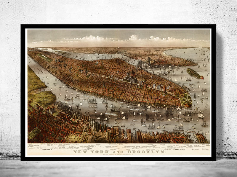 Old Panoramic New York 1875 BirdsEye View - VINTAGE MAPS AND PRINTS