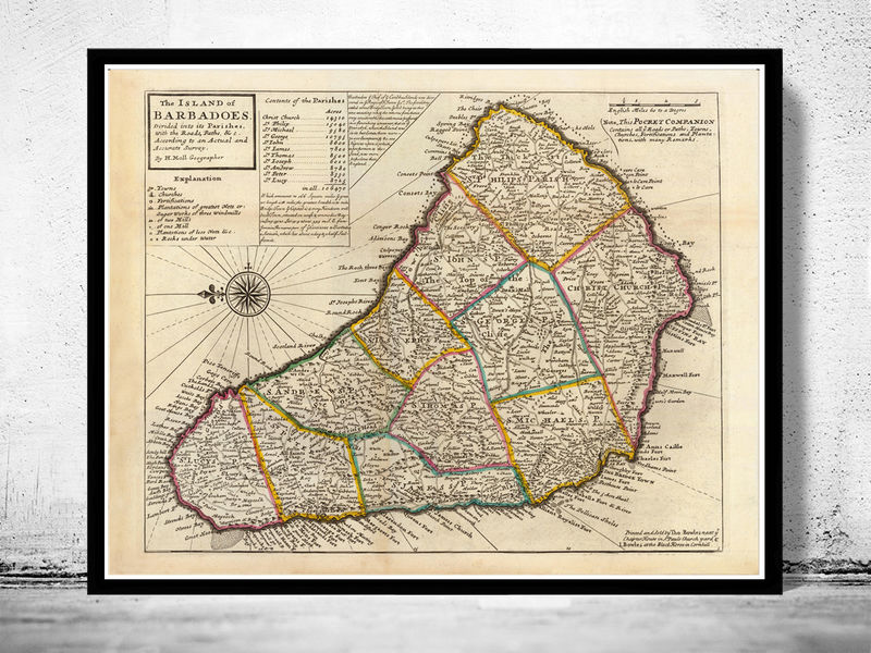 Old Map of Barbados Antilles 1736 Vintage Map Wall Map Print - VINTAGE ...