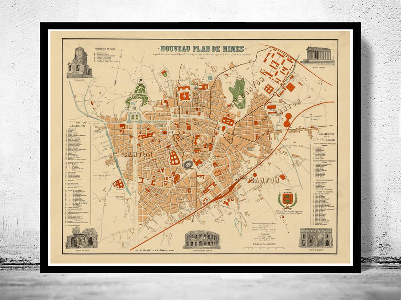 Old Map of Nimes France 1854 Vintage Map Wall Map Print - VINTAGE MAPS ...
