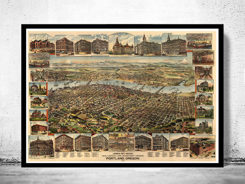 Old Map of Portland Oregon 1892 Panoramic View Vintage Map - VINTAGE ...