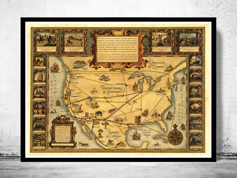 Old map of United States 1928 southern pacific routes Vintage Map Wall ...
