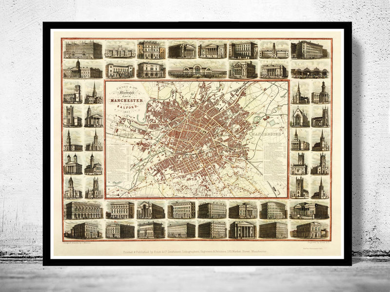 Old Map of Manchester with Gravures England 1857 Vintage Map Wall Map ...