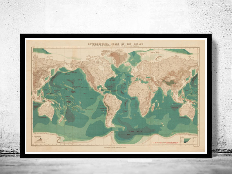 Old Bathymetrical chart of the oceans world map 1899 Vintage World Map ...