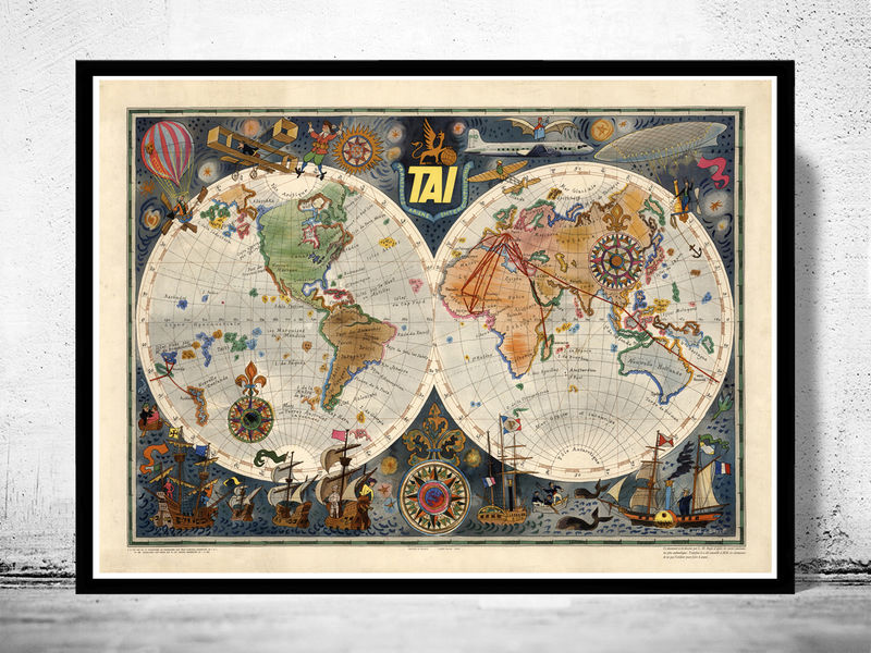 Old World Map Airlines Vintage Poster 1948 TAI Airlines - VINTAGE MAPS ...