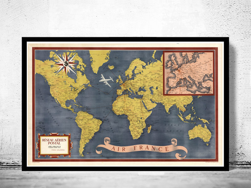 Old World Map Air France 1948 Vintage Map Wall Map Print - VINTAGE MAPS ...