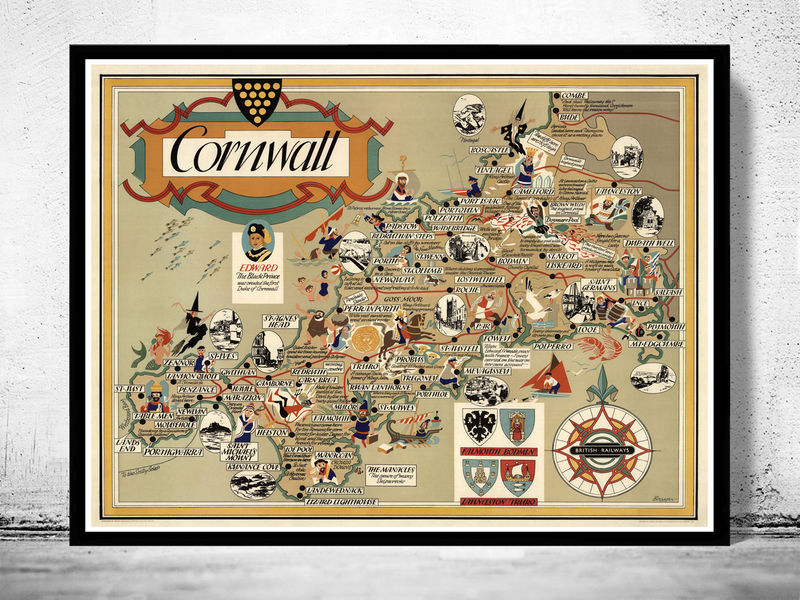 Old Map of Cornwall England 1950 Vintage Map Wall Map Print - VINTAGE ...