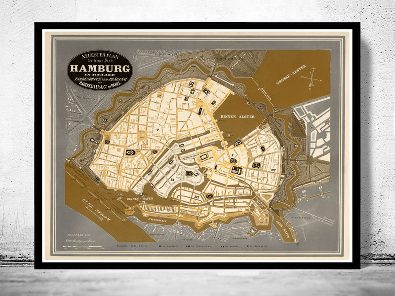 Old Map of Hamburg 1845 Germany Vintage Map Wall Map Print - VINTAGE ...