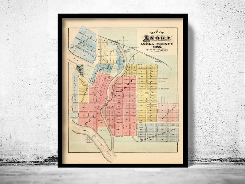 Old map of Anoka Minnesota 1874 - VINTAGE MAPS AND PRINTS