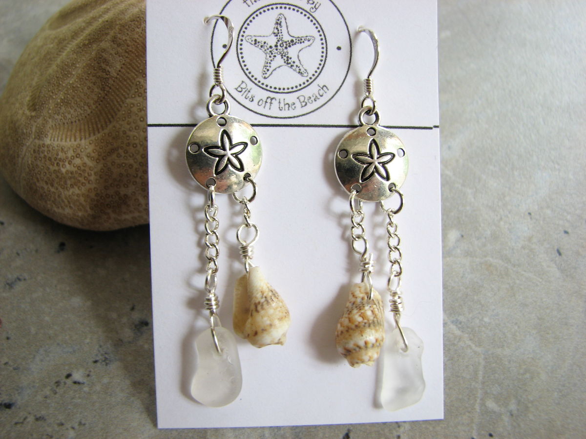 Sand Dollar Earrings with Beach Glass and Sea Shell Dangles - Bits off ...