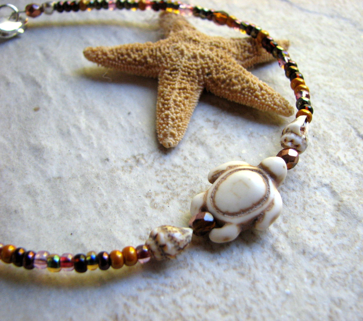White Sea Turtle and Shell Anklet with Golden Brown Seed Beads - Bits ...