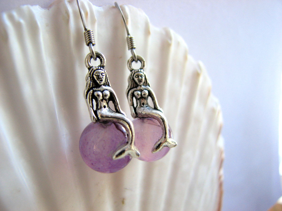 Mermaid Earrings, Silver and Purple Quartz Jewelry - Bits off the Beach