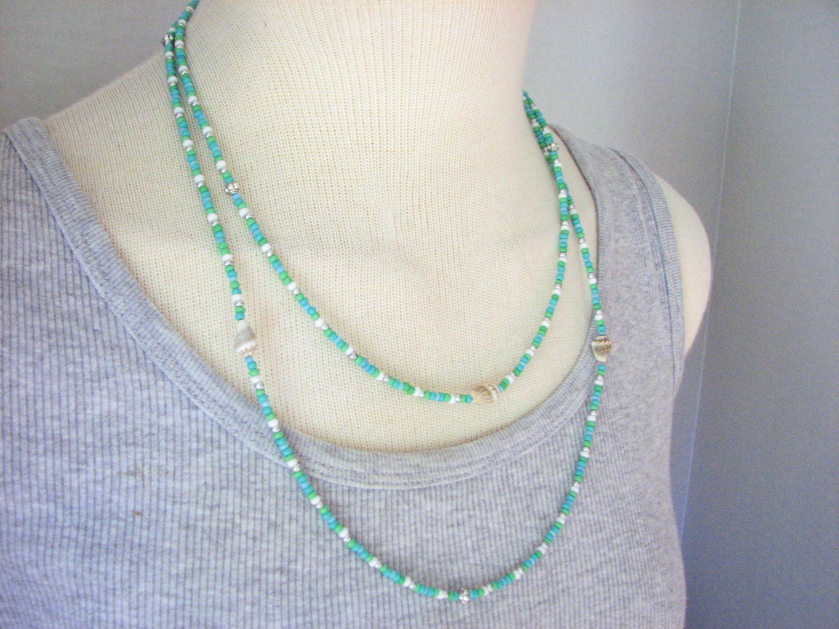 Long Seed Bead and Sea Shell Necklace, Green and Blue Ocean Jewelry ...