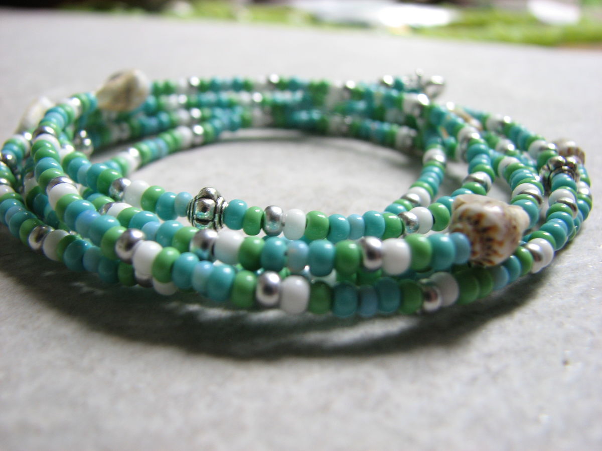 Long Seed Bead and Sea Shell Necklace, Green and Blue Ocean Jewelry ...