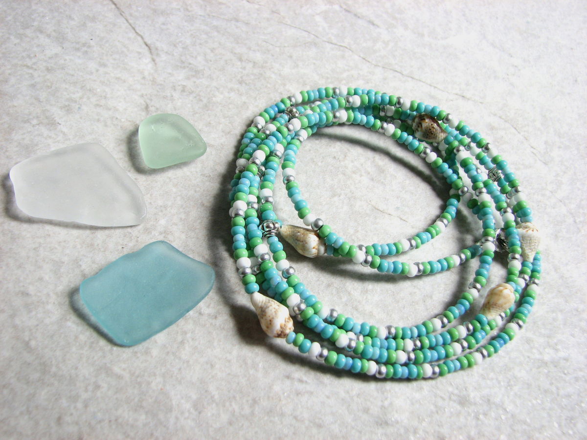 Long Seed Bead and Sea Shell Necklace, Green and Blue Ocean Jewelry ...