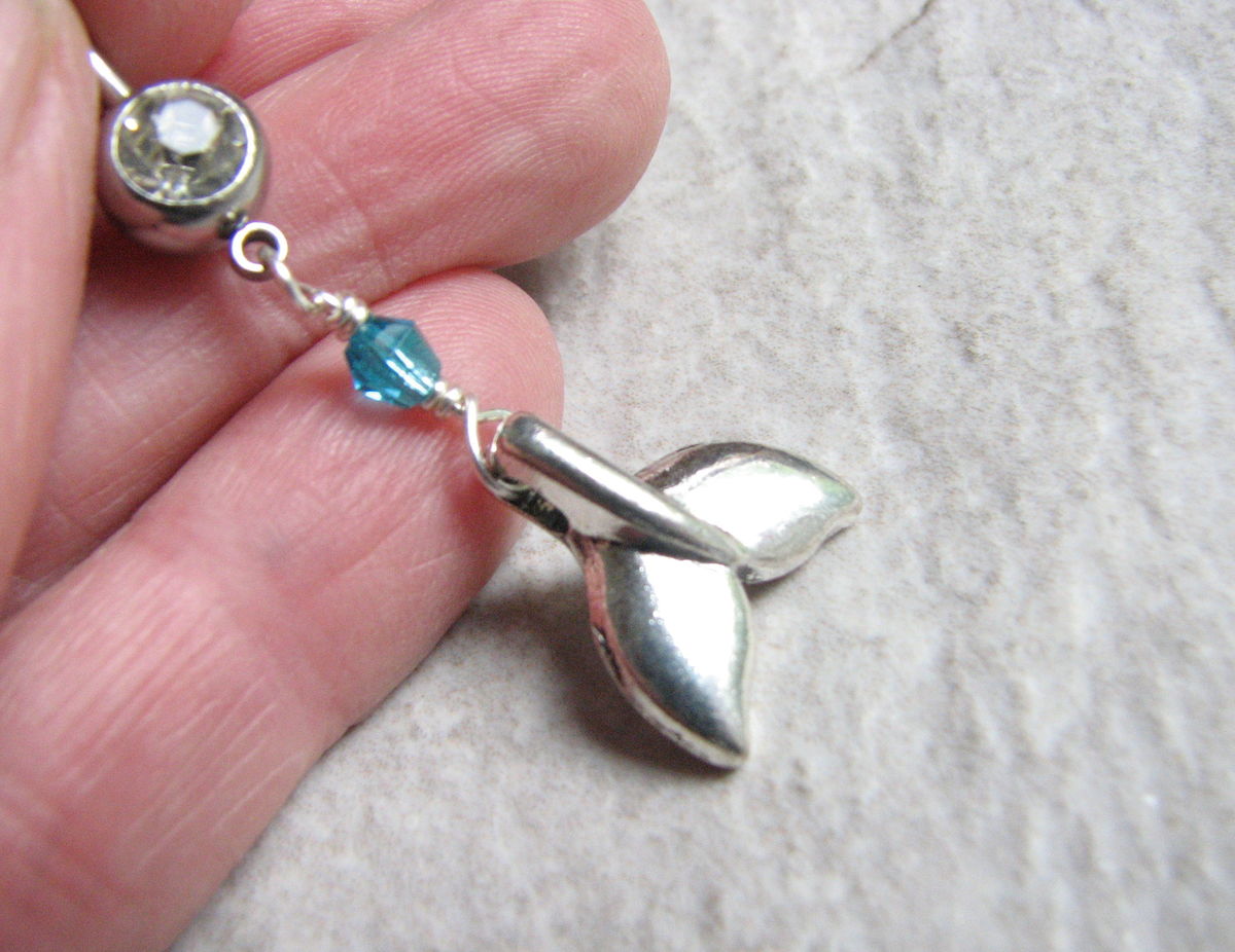 Whale Tail Belly Button Piercing, Silver and Teal Dangle Navel Jewelry ...