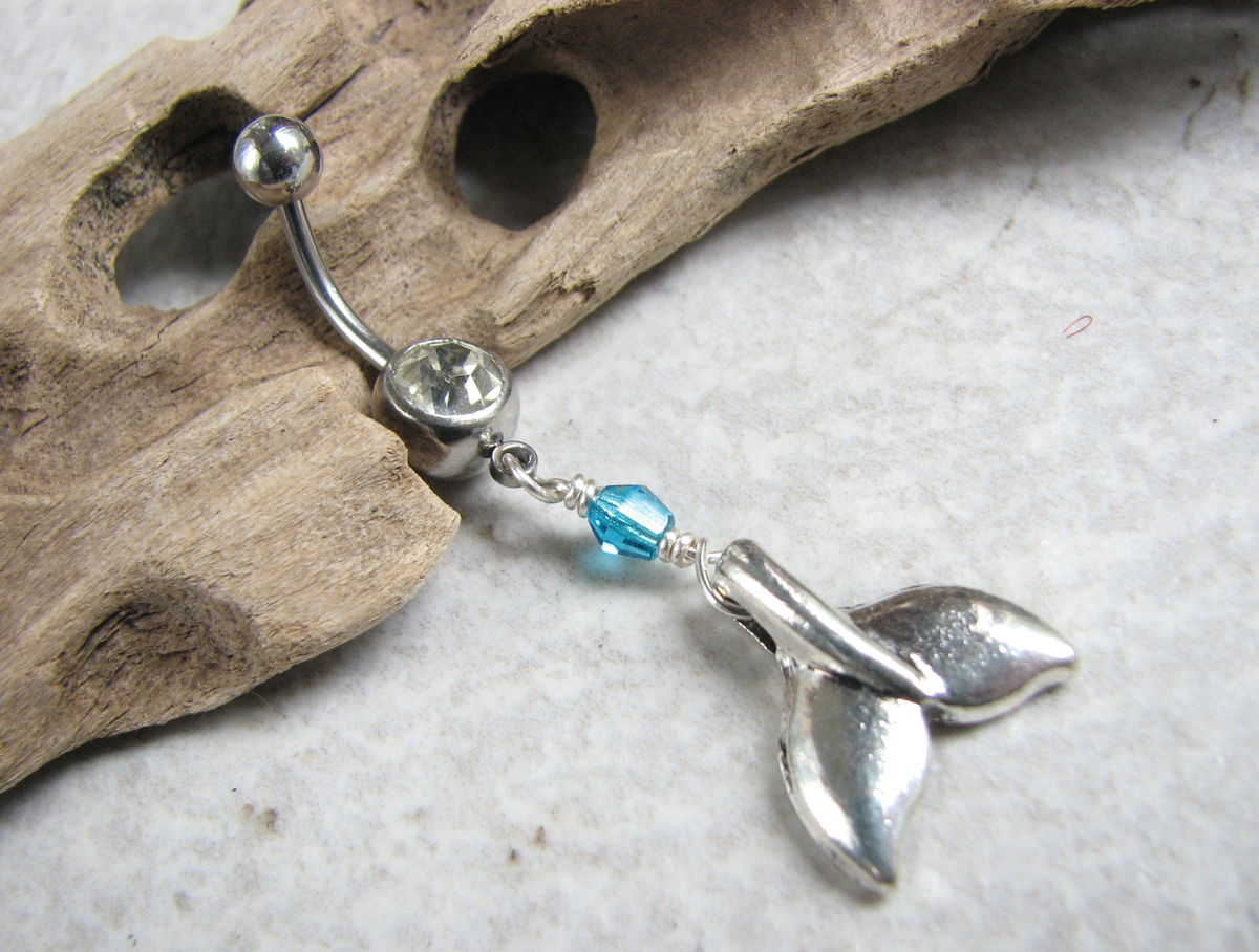 Whale Tail Belly Button Piercing, Silver and Teal Dangle Navel Jewelry ...