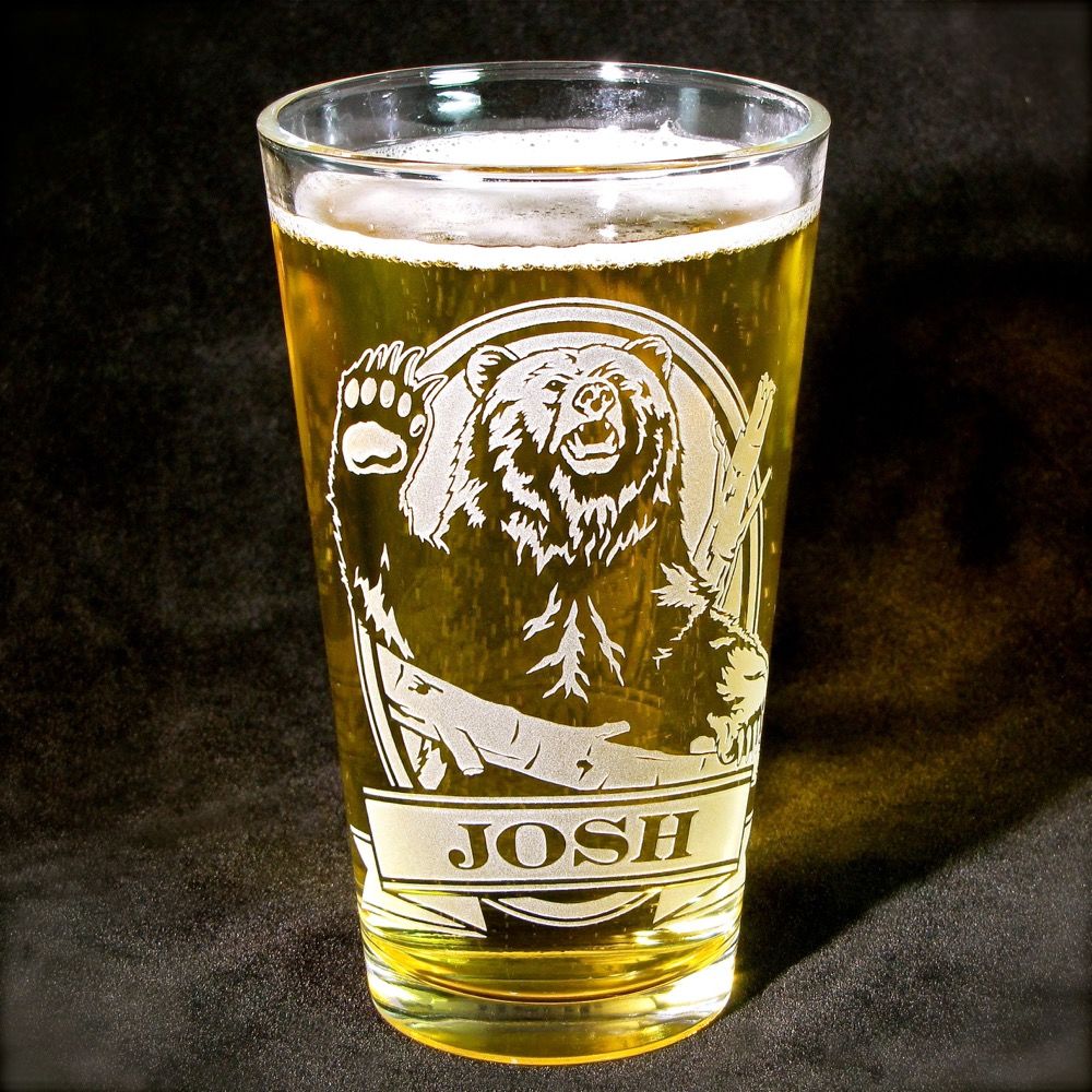 1 Personalized Beer Glass with Grizzly Bear, Etched Glass Pint Glass ...