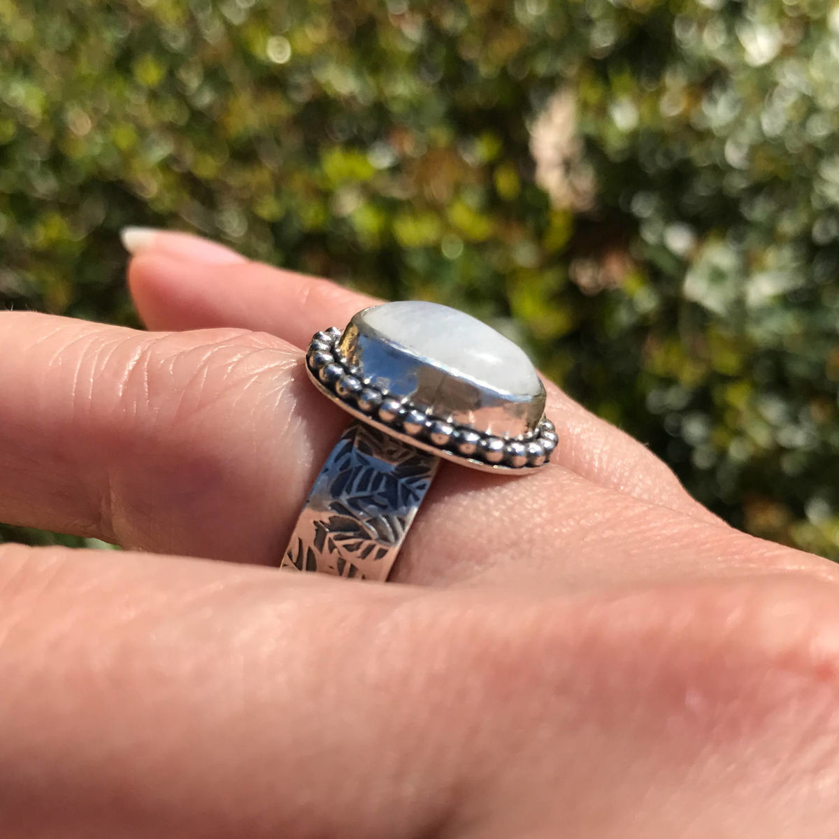 Rainbow Moonstone Ring Size 6 1/2 Leaf Pattern Wide Band - MosaicSmith