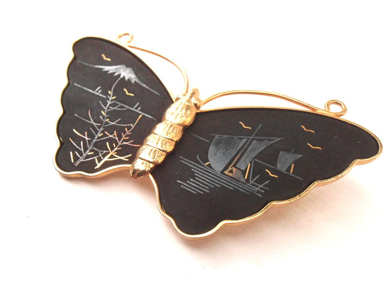 Vintage Butterfly Amita Damascene Brooch Matte Black Pin Gold Tone ...