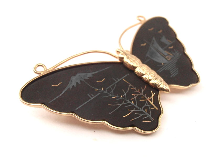 Vintage Butterfly Amita Damascene Brooch Matte Black Pin Gold Tone ...