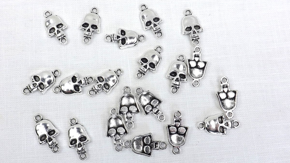 Skull Link, skull charm, two loop skull, jewerly making supply, silver ...