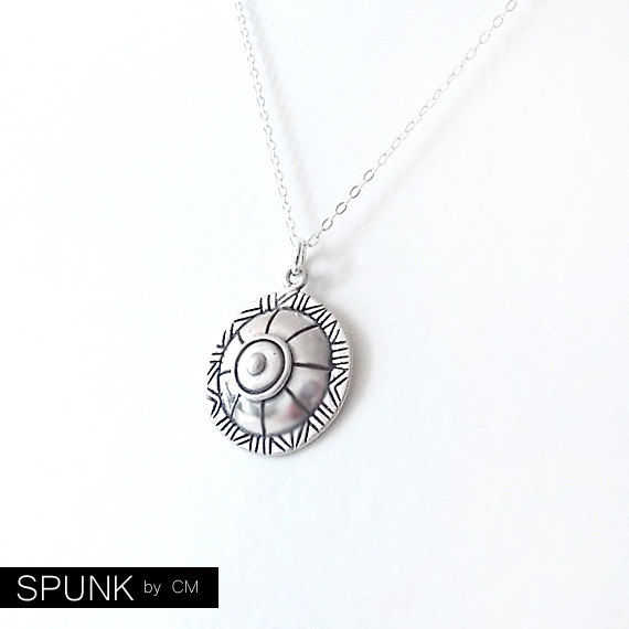 Silver Chain Pendant Necklace - Round Shield Charm - Sterling Silver ...