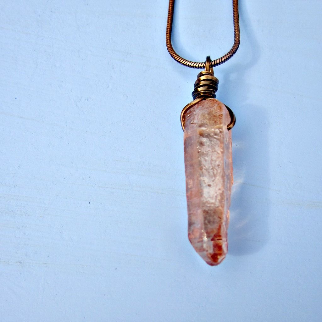 Wire Wrapped Pink Druzy Quartz Crystal Pendant on Rustic Copper Snake ...