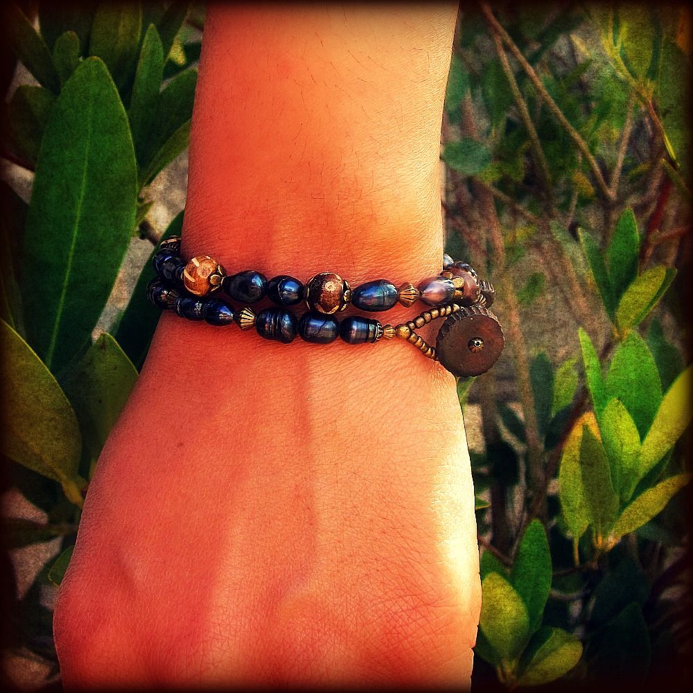 Beaded Blue Pearl and Bone Necklace: Neptune - Created by Renée