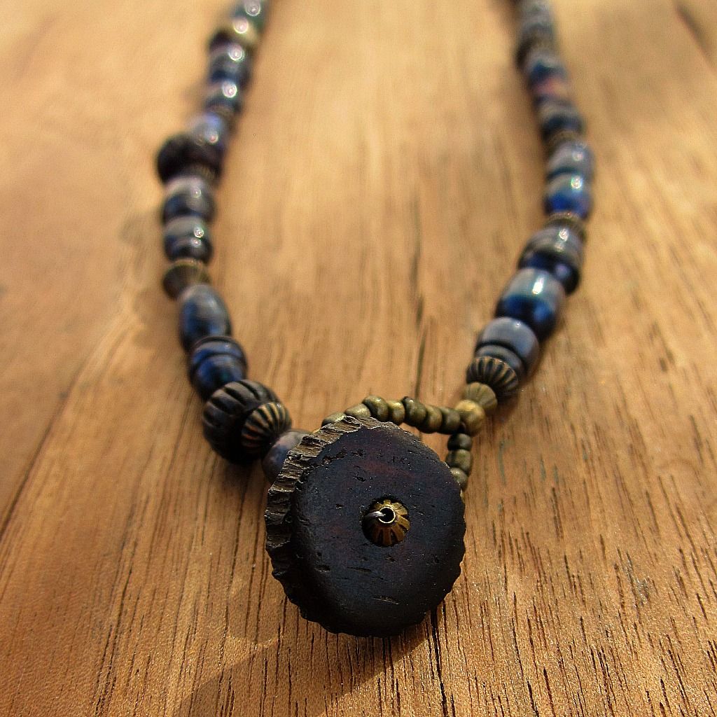 Beaded Blue Pearl and Bone Necklace: Neptune - Created by Renée