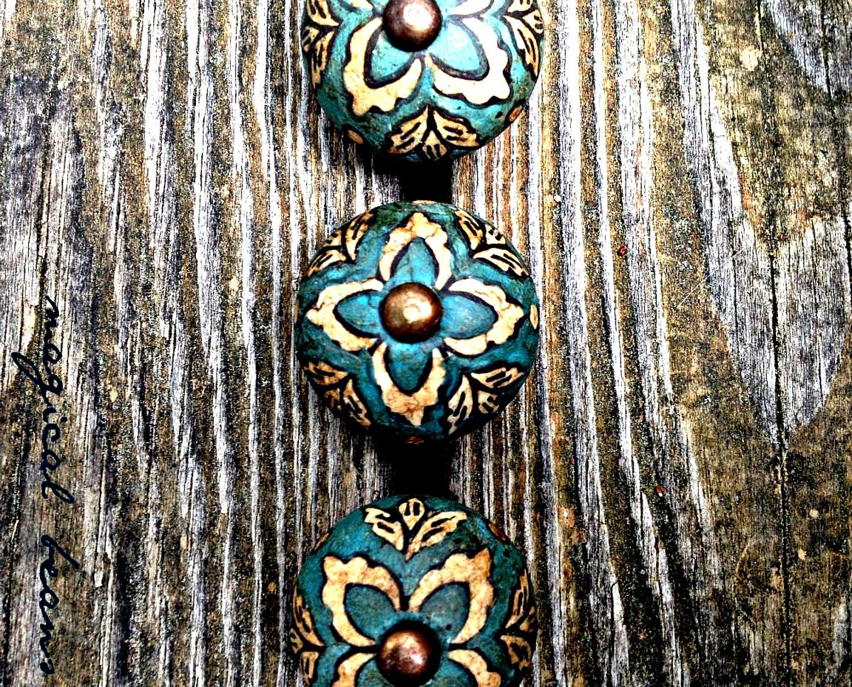 Vintage Inspired Teal Blue Ceramic Floral Cabinet Drawer Knob - Magical Beans Home