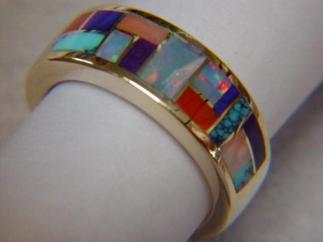 Multi Stone Inlay in 7mm Wide 14 Karat Gold Ring - Carusetta Jewelry