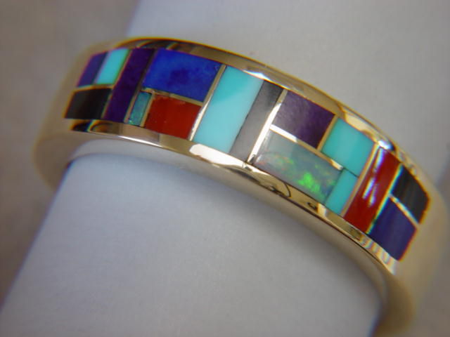 Multi Stone Inlay in 7mm Wide 14 Karat Gold Ring - Carusetta Jewelry
