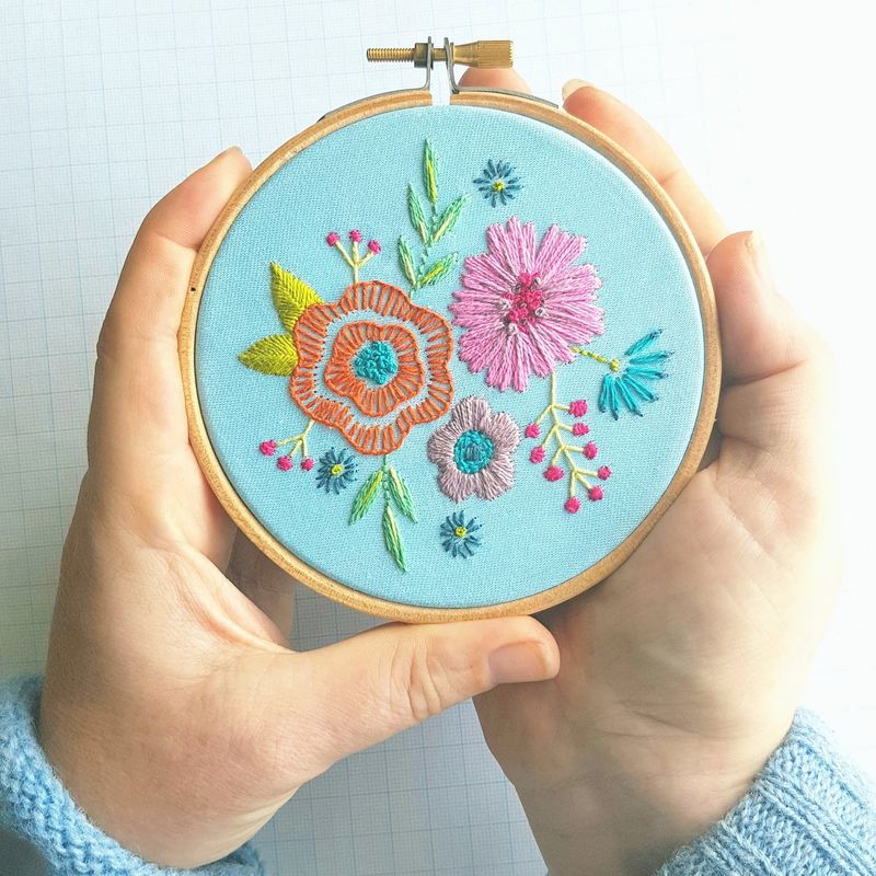 Printed Embroidery Pattern Small Floral Posy Blue - Leah Halliday