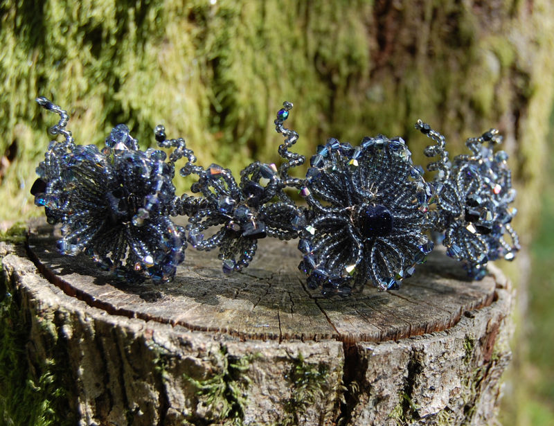 Gothic beaded flower crown with blue grey crystals Blue Goldstone and ...