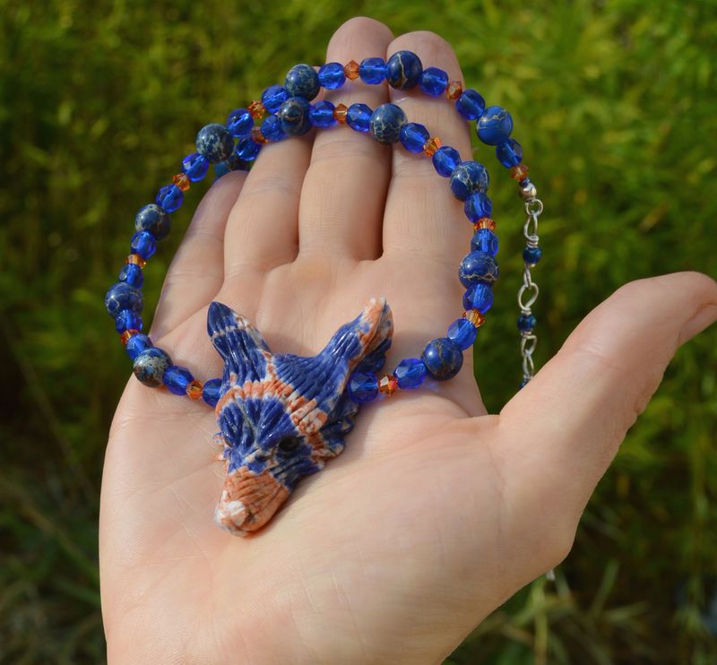 Sodalite wolf necklace in blue and orange with Jasper beads and ...