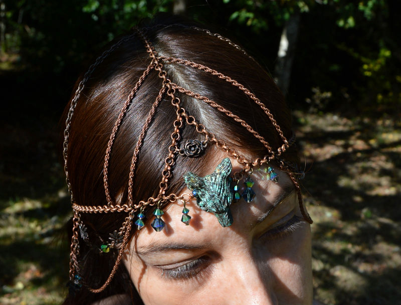 Wolf Head Chain - Forest Witch Head Piece with Crystal Fringe - Copper ...