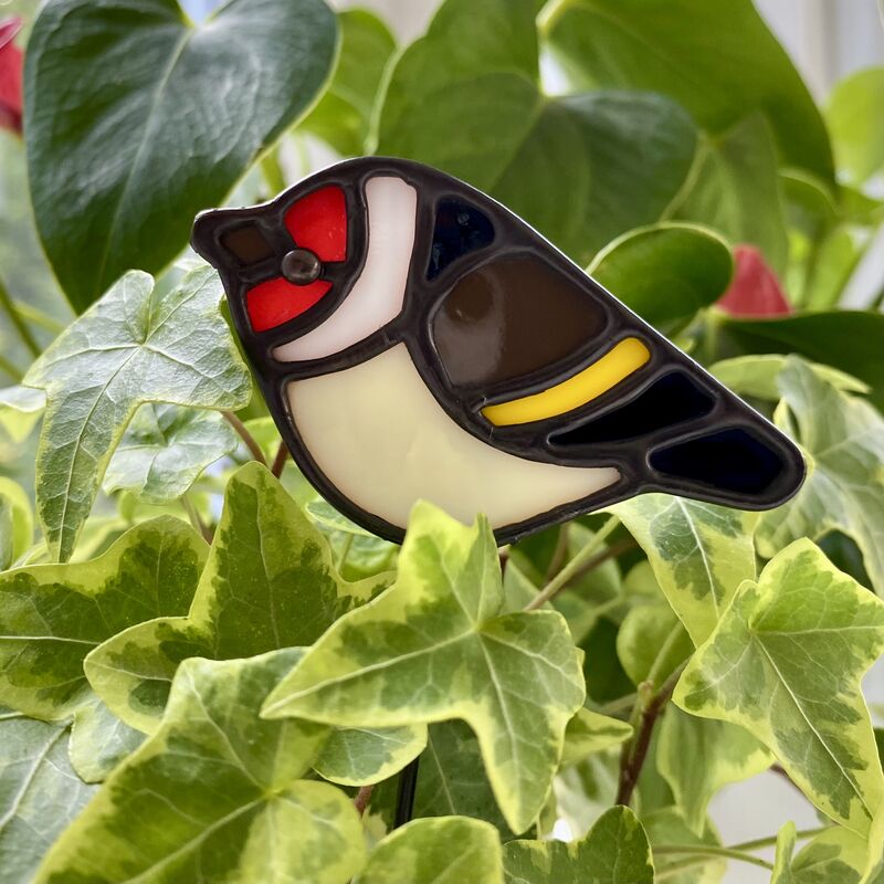 Stained Glass Goldfinch Plant Buddy - Glass and Crafts UK