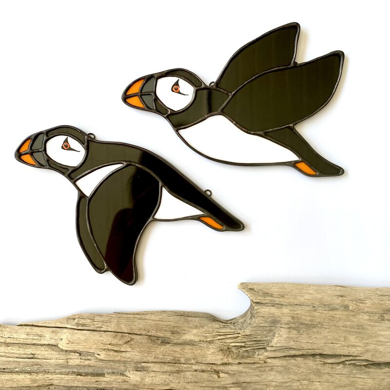 A Pair of Stained Glass Flying Puffin (Made to Order) - Glass and Crafts UK