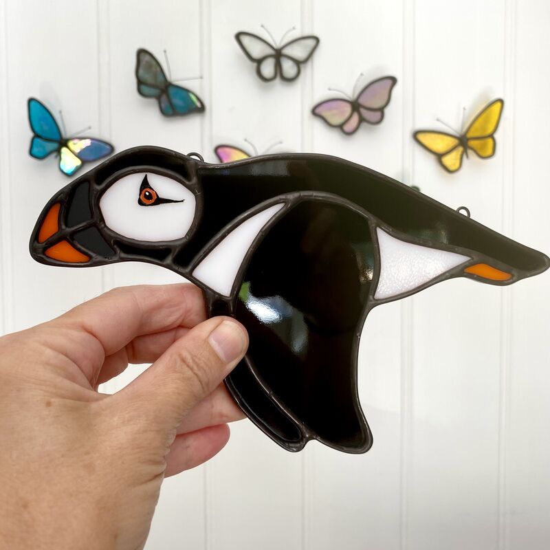 A Pair of Stained Glass Flying Puffin (Made to Order) - Glass and Crafts UK