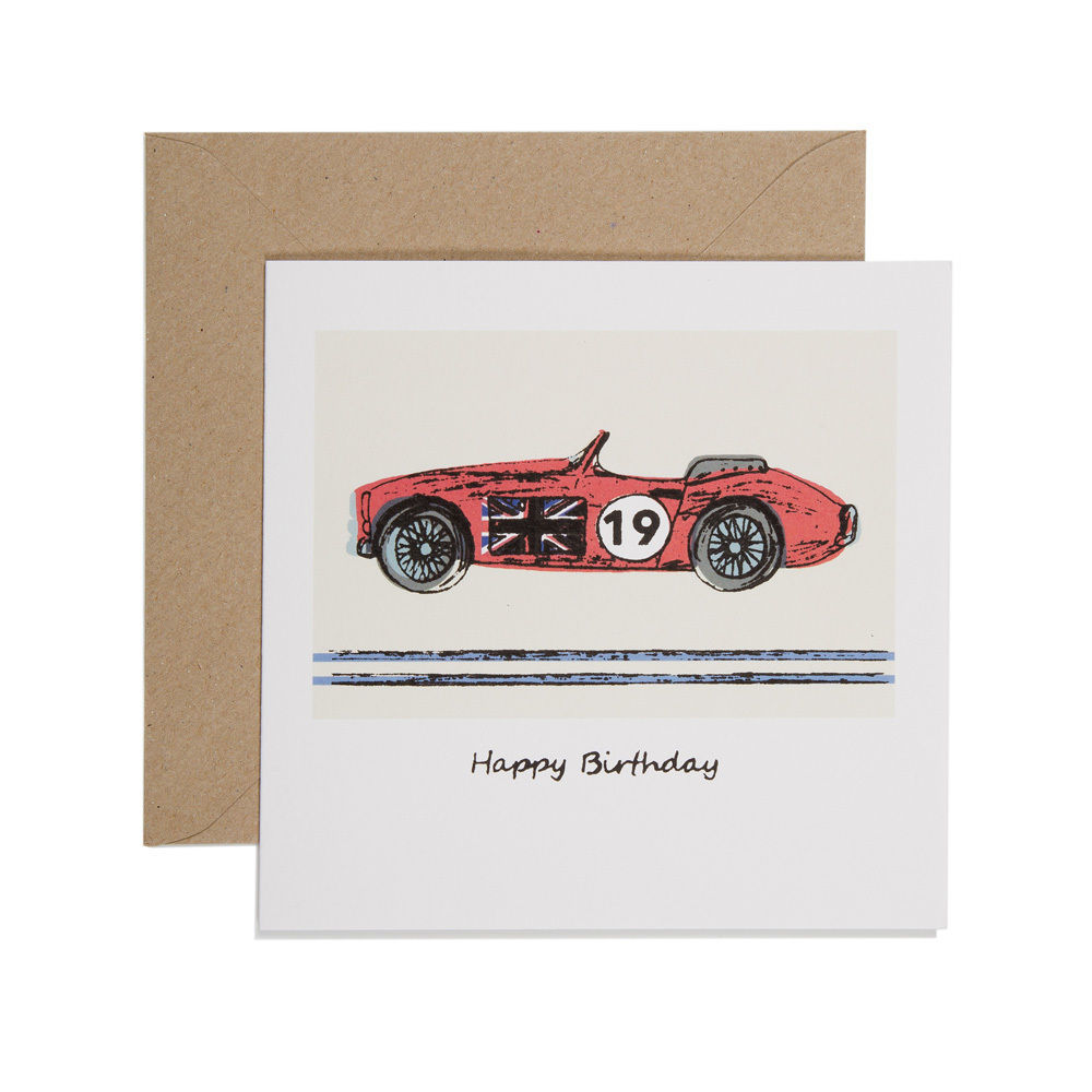 Hand Printed Red Racing Car Birthday Card - Karenza Paperie